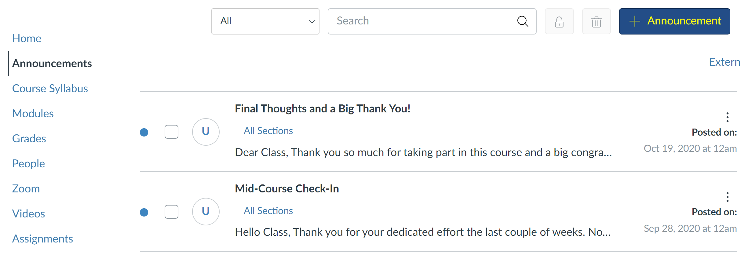 Post an Announcement in Canvas – Instructor Knowledge Base